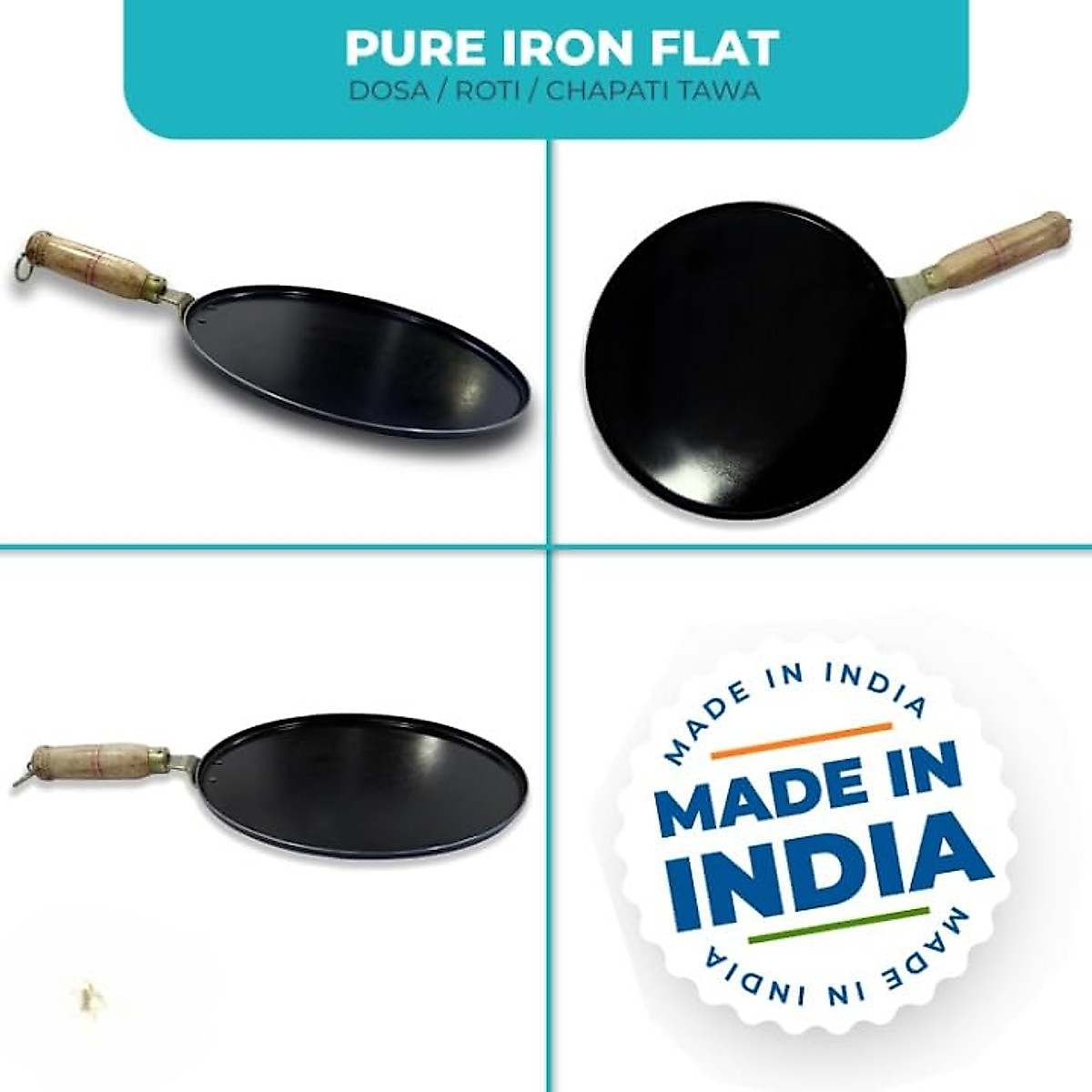 KASHVIYA Pre-Seasoned Iron Flat Dosa/Omelette/Roti/Chapati Tawa with Wooden Handle, Medium 10.5 Inch/27 Cm Gas&Induction Compatible | 100% Pure & Toxin-Free Iron, No Chemical Coating