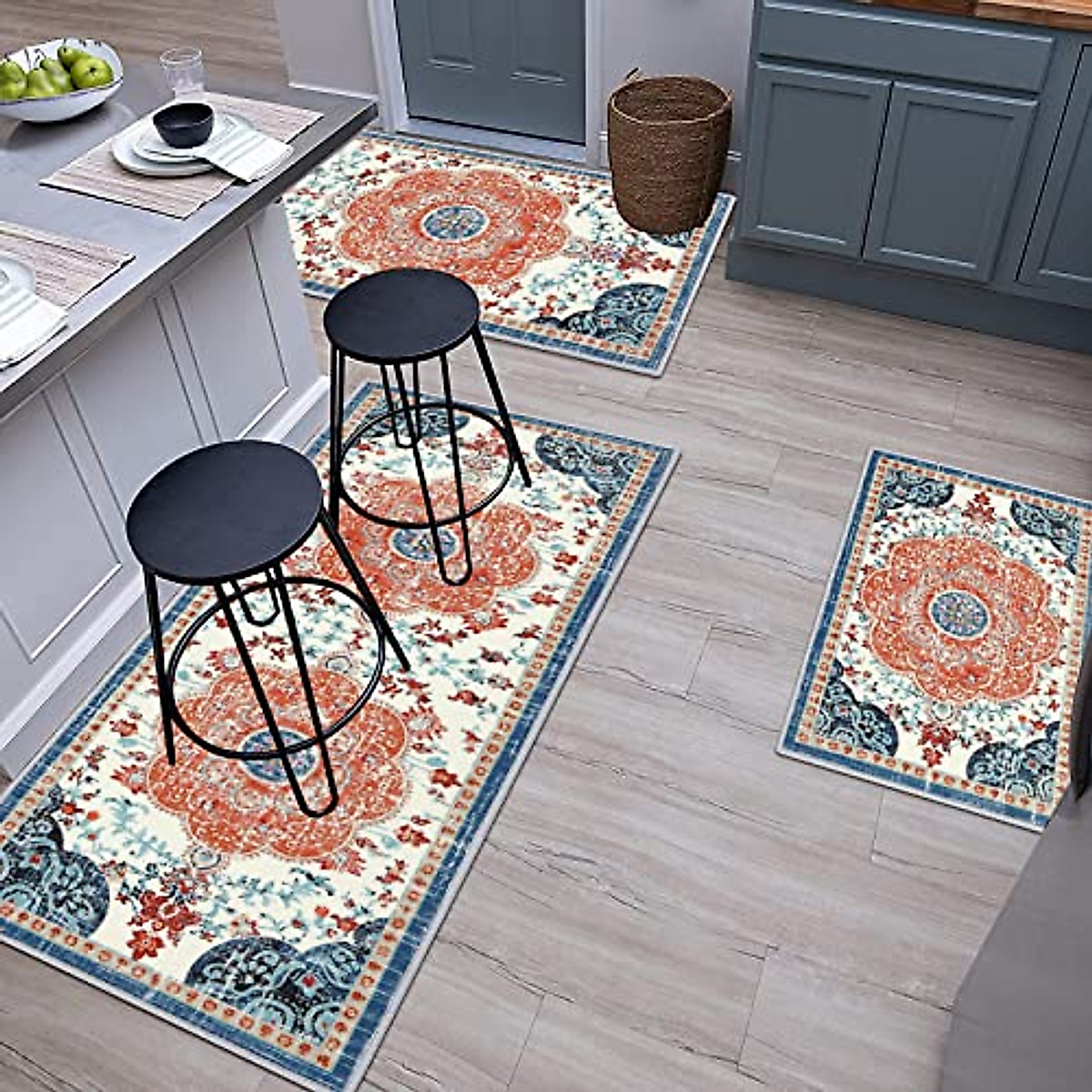Ileading Boho Kitchen Rugs Sets 3 Piece with Runner Non Slip Kitchen Mats for Floor Washable Bohemian Runner Rug Kitchen Floor Mat Carpet for Hallway Laundry Room Door Office Sink