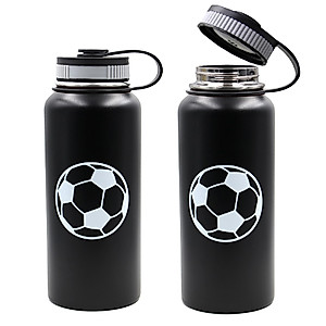 32oz Soccer Water Bottle, Wide Mouth Sports Flask with 2 Lids Straw Lid and Flex Cap, Stainless Steel Double Wall Vacuum Leak Proof Insulated Sports Water Bottles (32oz, Soccer)