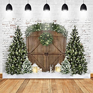 Mocsicka Christmas Wood House Photography Backdrop Xmas Tree Snow Wreath Photo Background Rustic Barn Door Family Kids Holiday Portrait Photo Booth Props (10x8ft)