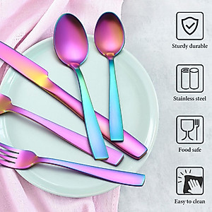 E-far 20-Piece Matte Rainbow Silverware Set, Stainless Steel Flatware Set for 4, Colorful Cutlery Set Include Forks Spoons and Knives for Kitchen Home Restaurant, Satin Finish & Square Edge Handle