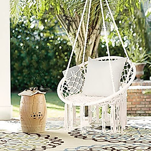 SUNCREAT Hammock Chair Macrame Swing with Side Pocket, Hanging Cotton Rope Hammock Swing Chair for Indoor and Outdoor Use, 330 lbs Capacity, Beige