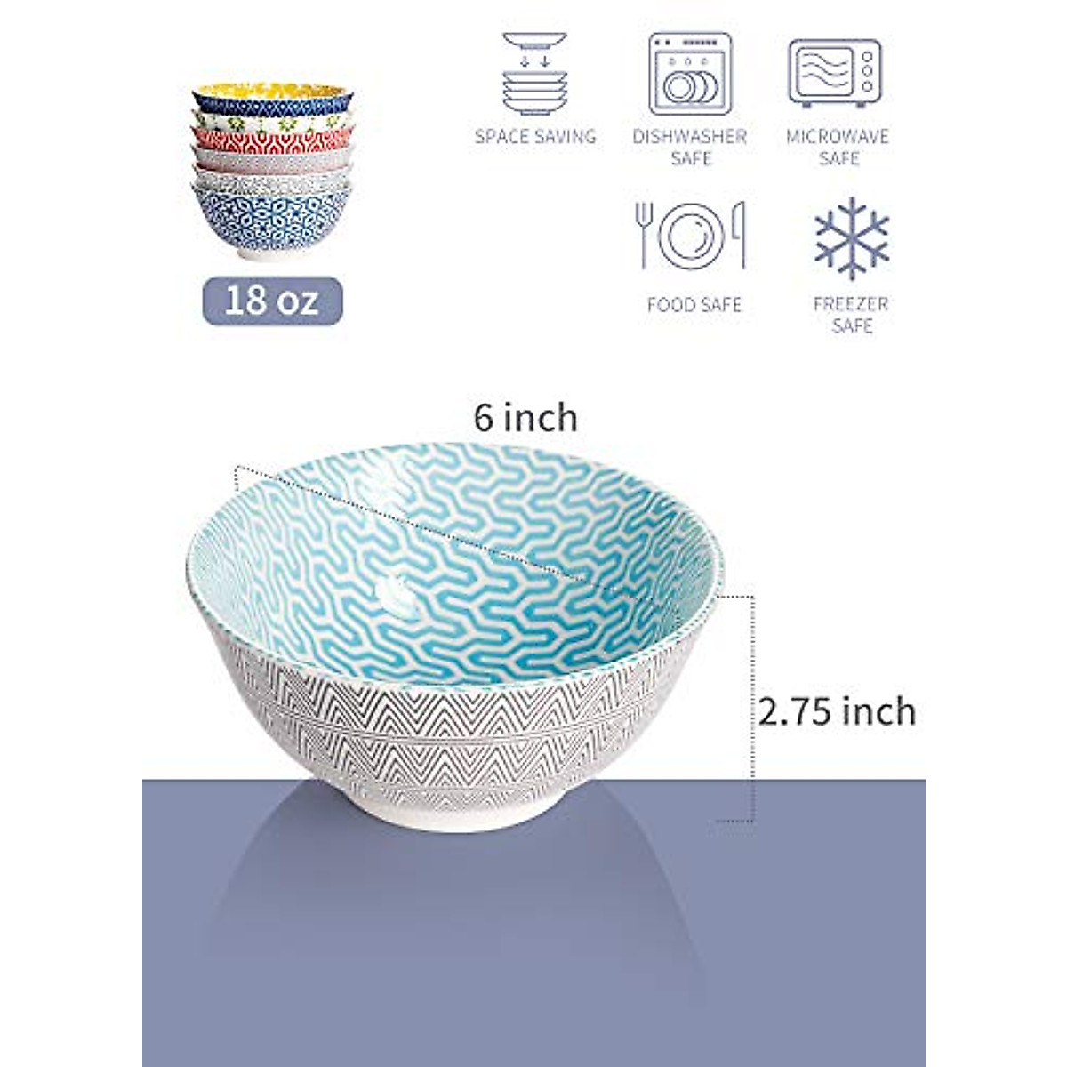 Amazingware Porcelain Salad Bowls - 18 Ounce for Cereal, Soup, Salad and Pasta, Bowl Set of 6, Assorted Designs