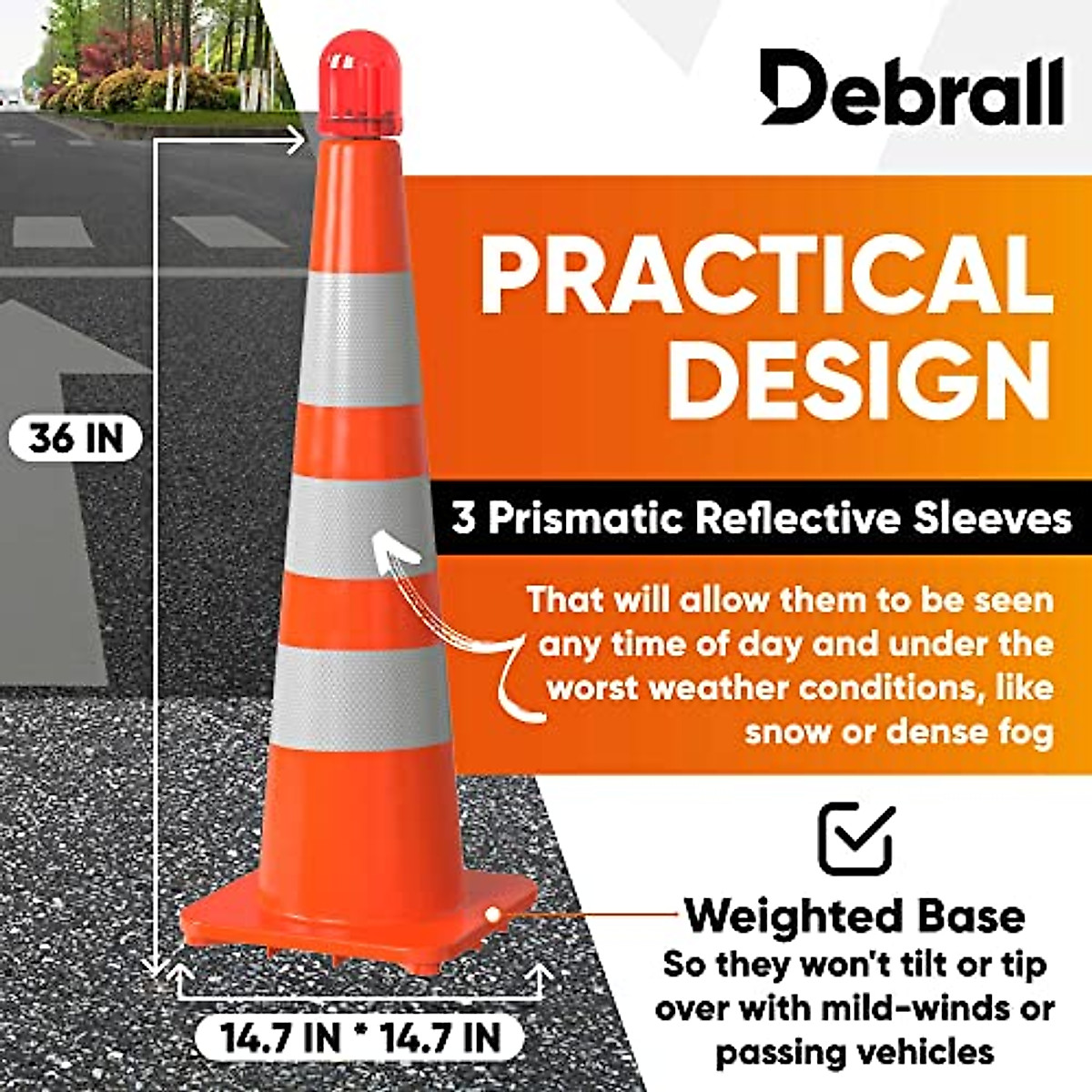 DEBRALL Traffic Cones 6 Pack – 36 Inches, 3 Reflective Strips, Resistant PVC Plastic, Safety Cone, Multipurpose Cones, for Parking, Construction, School