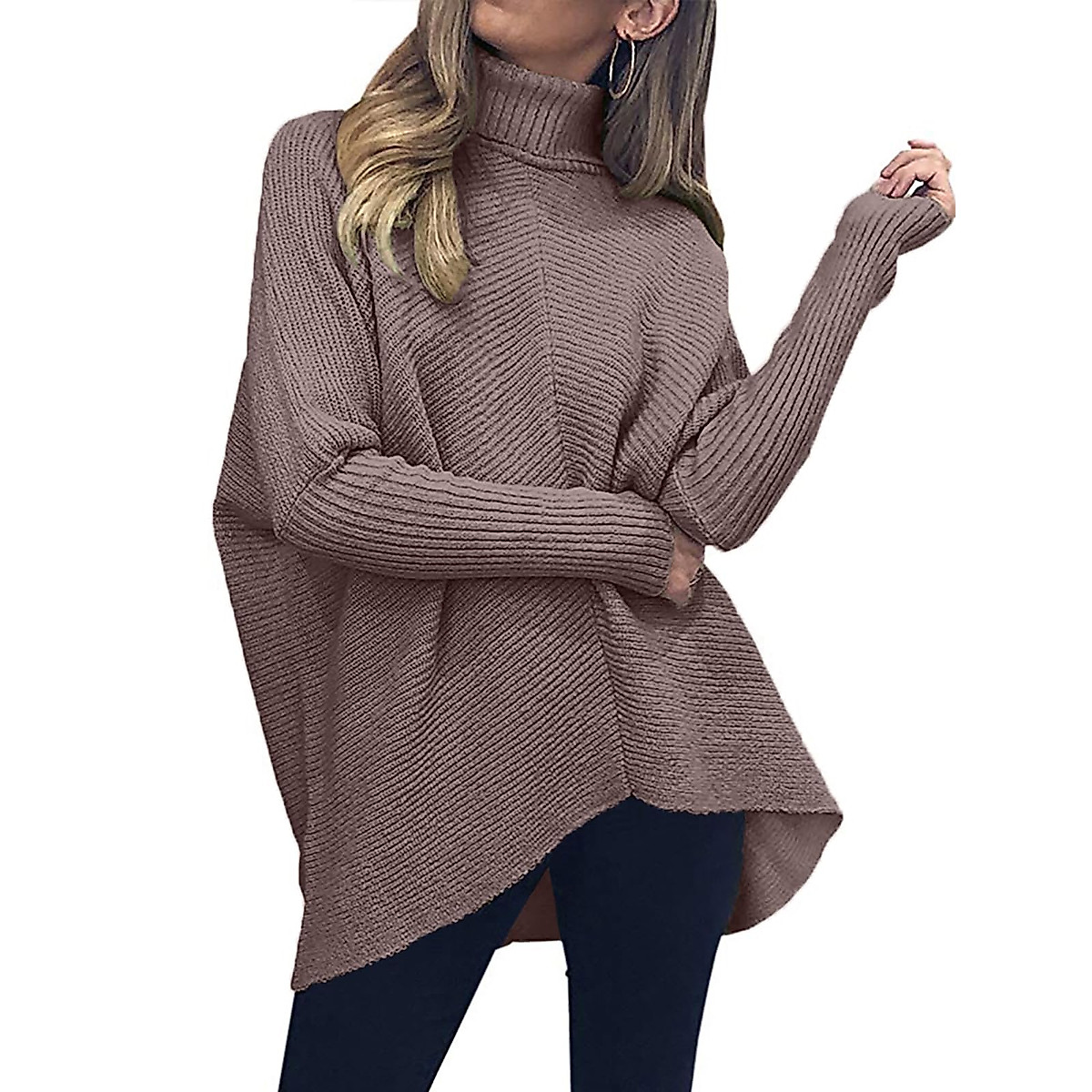 Caracilia Women Turtleneck Batwing Sweaters Oversized Tunic Sweater 2023 Fall Turtleneck High Low Sweater Pullover Knit Jumper Winter Clothes C8A7-doukou-L Brown