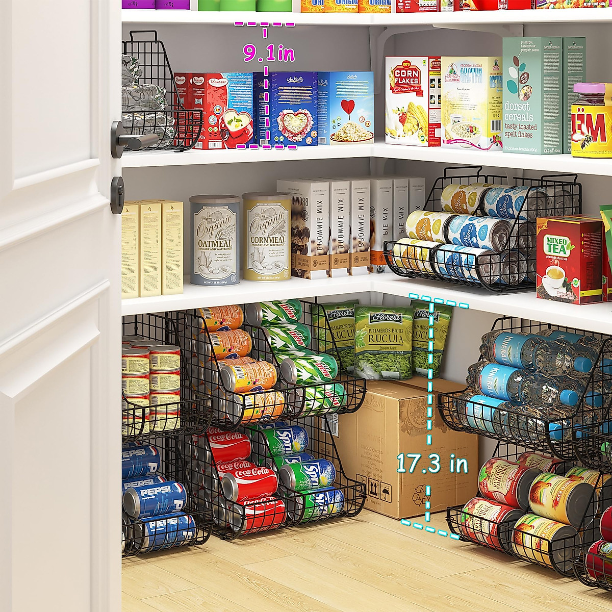 Stacking Can Dispensers 3 Tier with 3 Divider, Pantry Can Organizer, Standing Water Bottle Holder, Beverage Drink Pop Soda Can Storage Basket, Canned Food Container Rack Wire Bins for Kitchen Cabinet