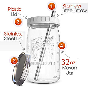 Reusable Wide Mouth Smoothie Cups Boba Tea Cups Bubble Tea Cups with Lids and Silver Straws Mason Jars Glass Cups (2-pack, 32 oz mason jars)