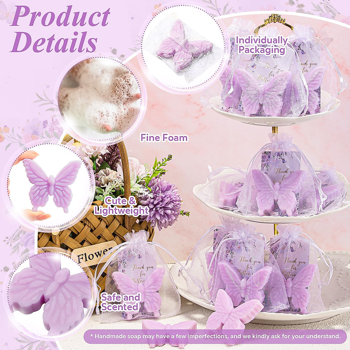 Dunzy 30 Set Butterfly Theme Baby Shower Favors for Guests Butterfly Soap Favors with Thanks You Cards Gift Bags Gender Reveal Baptism Decorations Wedding Bridal Party Favor (Purple)