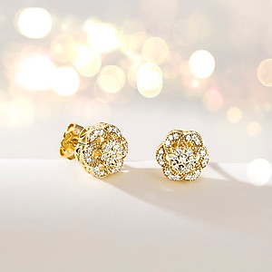 GLOSOLE Gold Stud Earrings for women Trendy, Flower-shaped 14K Gold Earrings Studs Sparkling Zirconia 10mm