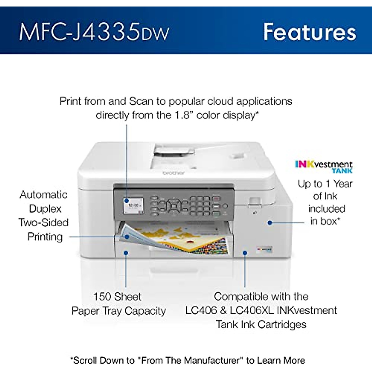 Brother INKvestment Tank MFC-J4335DW Wireless Color All-in-One Inkjet Printer - Print Copy Scan Fax - 20 ppm, 4800 x 1200 dpi, 8.5" x 11", Auto Duplex Printing, 20-Sheet ADF, Wulic Printer Cable