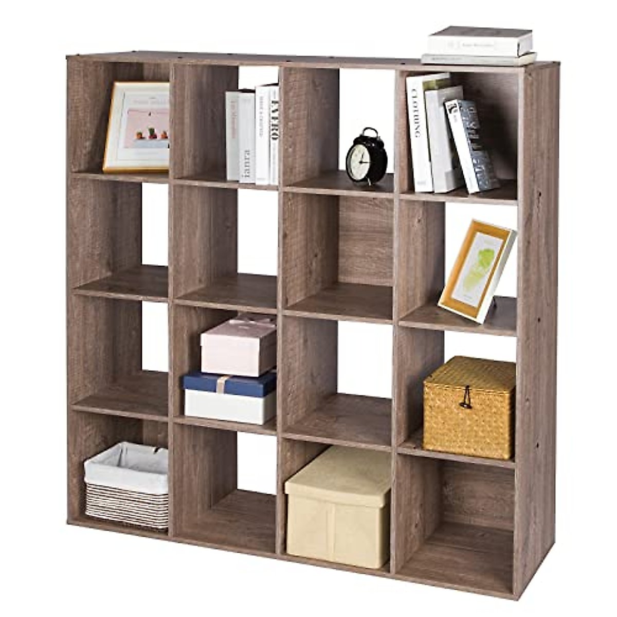 PACHIRA E-Commerce US 16 Cube Wooden Storage Organizer Bookcase, Bookshelf System Display Compartments, Sturdy Room Cube, Toy Storage Shelf, Rustic Brown Oak