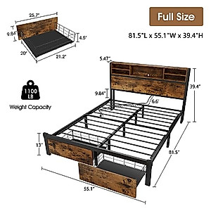 Alohappy Full Size Bed Frame with Storage Headboard and Drawers, Metal Platform Bed Frame RGB Led Lights and with Charging Station, No Nosie No Box Spring Needed (Full)