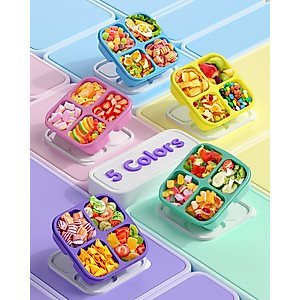 5 Pcs Bento Snack Containers, Reusable 4 Compartment Divided Food Storage Containers, Divided Lunchable Container for School, Work and Travel (5 Color)