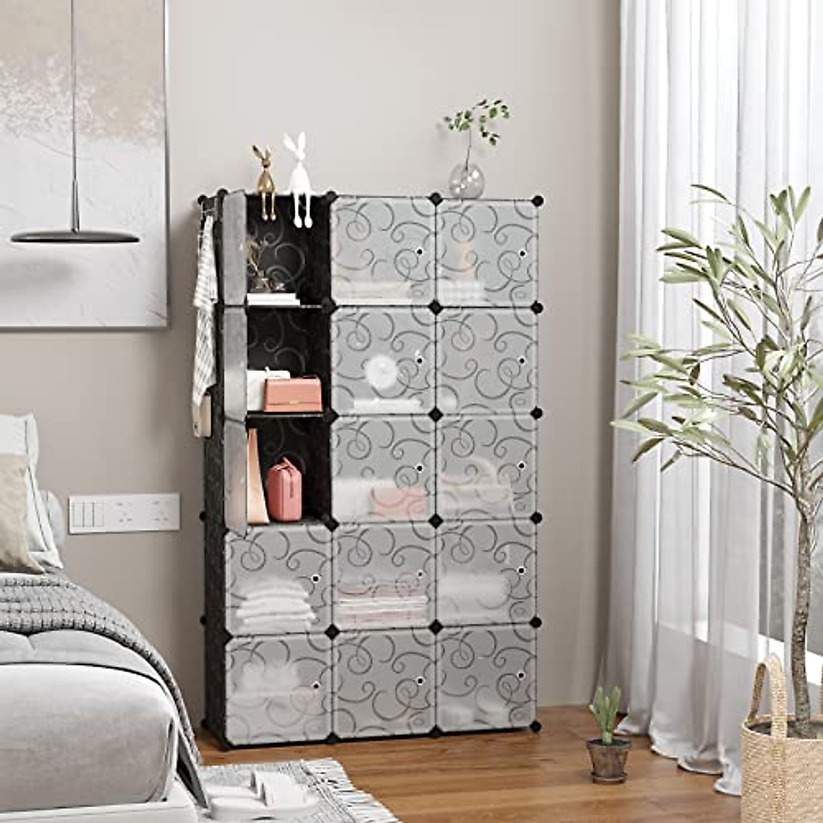 C&AHOME Cube Storage Organizer, 16-Cube Storage Shelving with Doors, Modular Book Shelf, Plastic Shelves Organizing Units, Ideal for Bedroom Living Room 48.4" L × 12.4" W × 48.4" H Black SHS3016B-DOOR