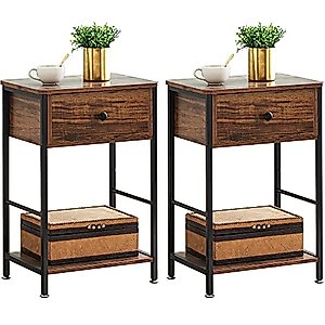 SunnyFurn Nightstand with 2 Tier Storage Shelf,Bedside Table for Living Room and Bedroom,Easy to Install Side Table,End Table with Drawer Shelves for Small Space,Set of 2 Brown