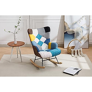 Tiophome Rocking Nursery, Upholstered Glider Rocker Accent Chairs Padded Seat with High Backrest, Comfy Side Armchair for Nursing, Living Room, Bedroom, Office, Patchwork Linen Blue, Extra Large