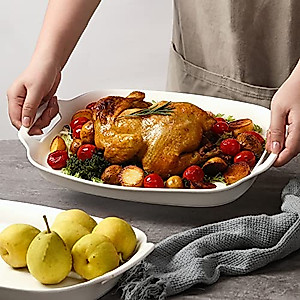 DOWAN Serving Tray with Handles, 15.4" Large Rectangle Platter for Entertaining Party Display, White Porcelain Platters for Food Veggie Appetizer Cake, Plates for Restaurants, Set of 2