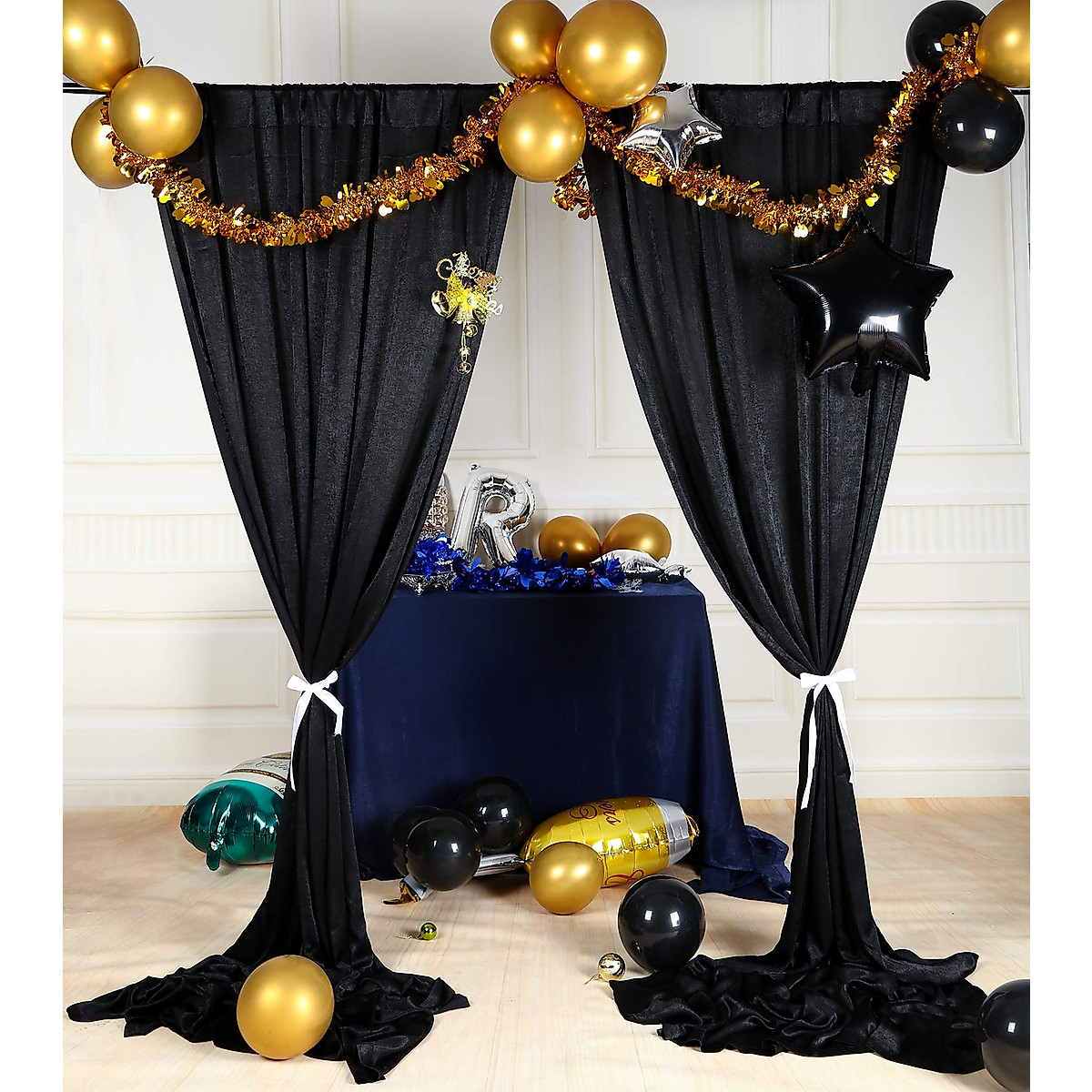 SHERWAY 9.6 Feet x 10 Feet Black Silky Soft Curtain Wedding Backdrop Drapes, Slightly Shiny Satiny Window Curtains for Party Ceremony Decoration