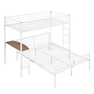 ATY Metal Bunk Beds Twin Over Full Size, L Shaped Steel Bedframe w/Desk & Built-in Ladder and Full-Length Guardrail, No Box Spring Needed, White