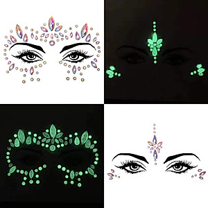 SIQUK 12 Sets Face Jewels Noctilucent Face Gems Luminous Mermaid Temporary Tattoo Stickers Acrylic Face Crystal Stickers for Party Rave Festival