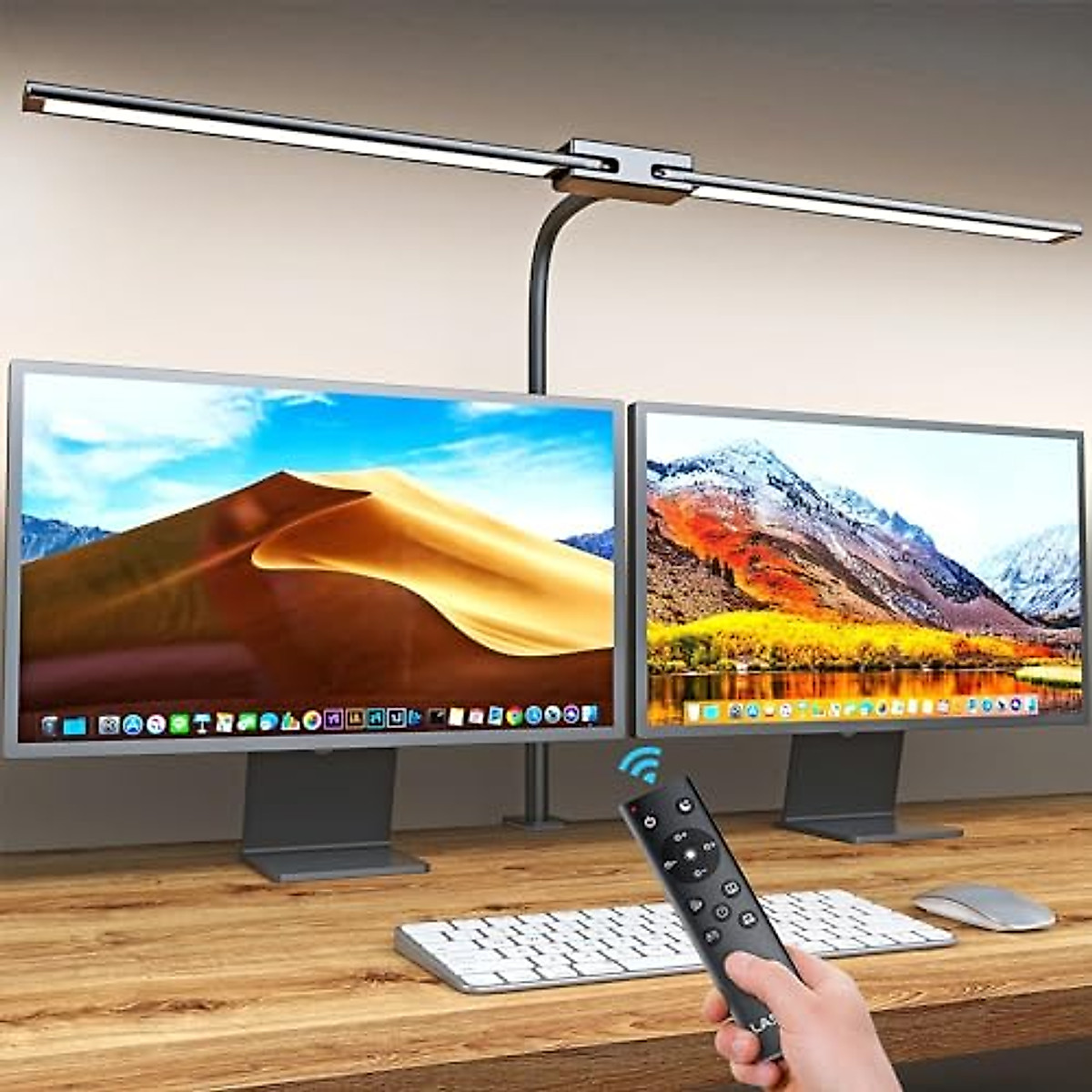 LASTAR LED Desk Lamp with Remote Control ＆ 32.5" Wide Double Head, Architect Desk Lamp for Home Office with Clamp, Timer, 24W Ultra Bright Gooseneck Desk lamp for Computer Reading, Black