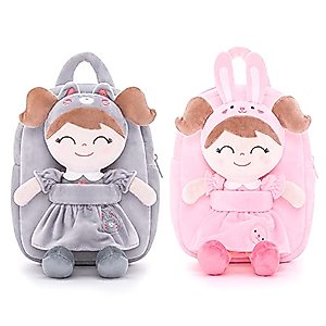 Gloveleya Kids Backpack Bundle - Grey Cat & Rabbit Plush Toddler Backpacks with Soft Doll