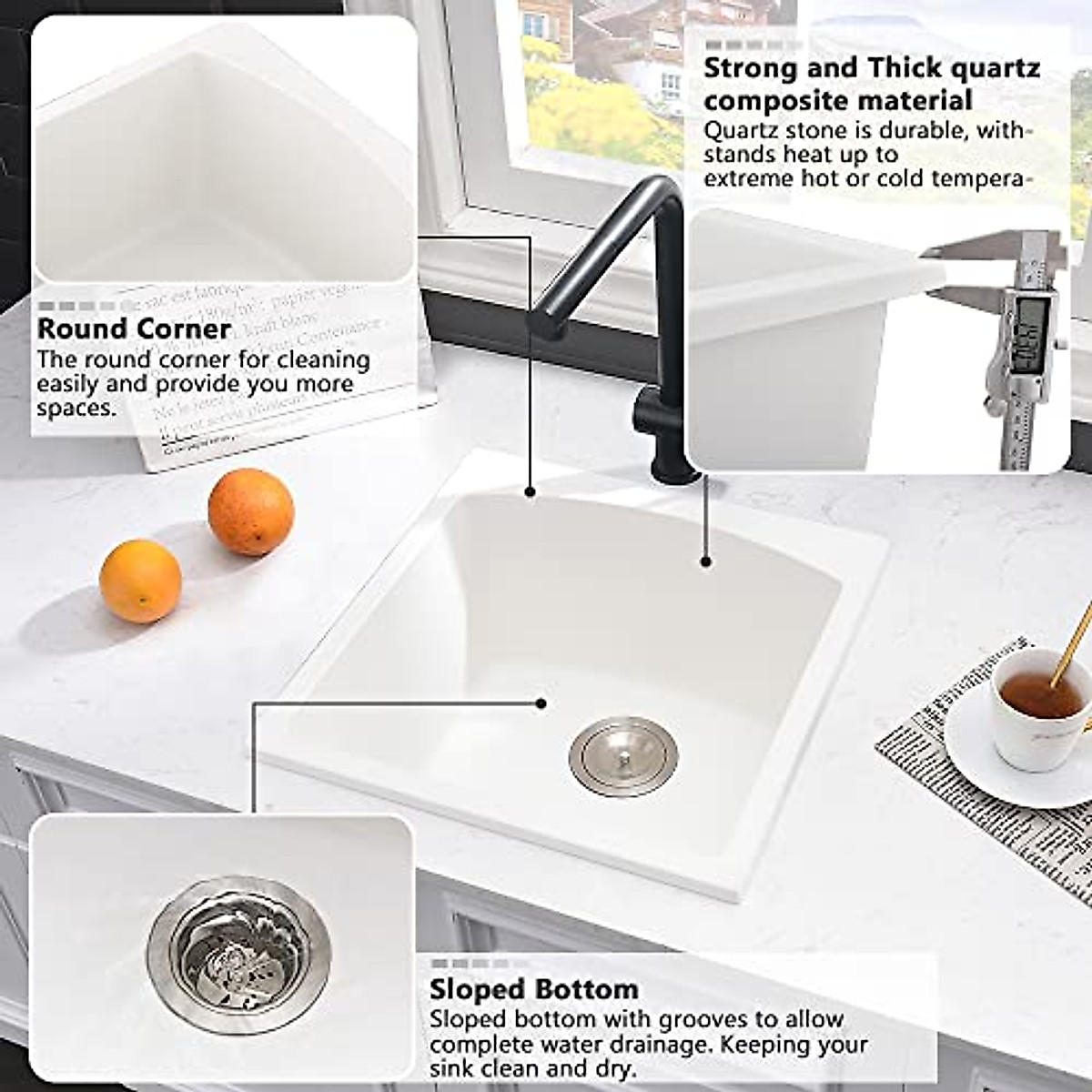 18 Inch Bar Sink Drop In - VASOYO 18"x18" White Drop in Bar Sink Topmount Kitchen Sink Granite Kitchen Sink Single Bowl Rv Kitchen Sink Outdoor Sink with Bottom Grid & Drain