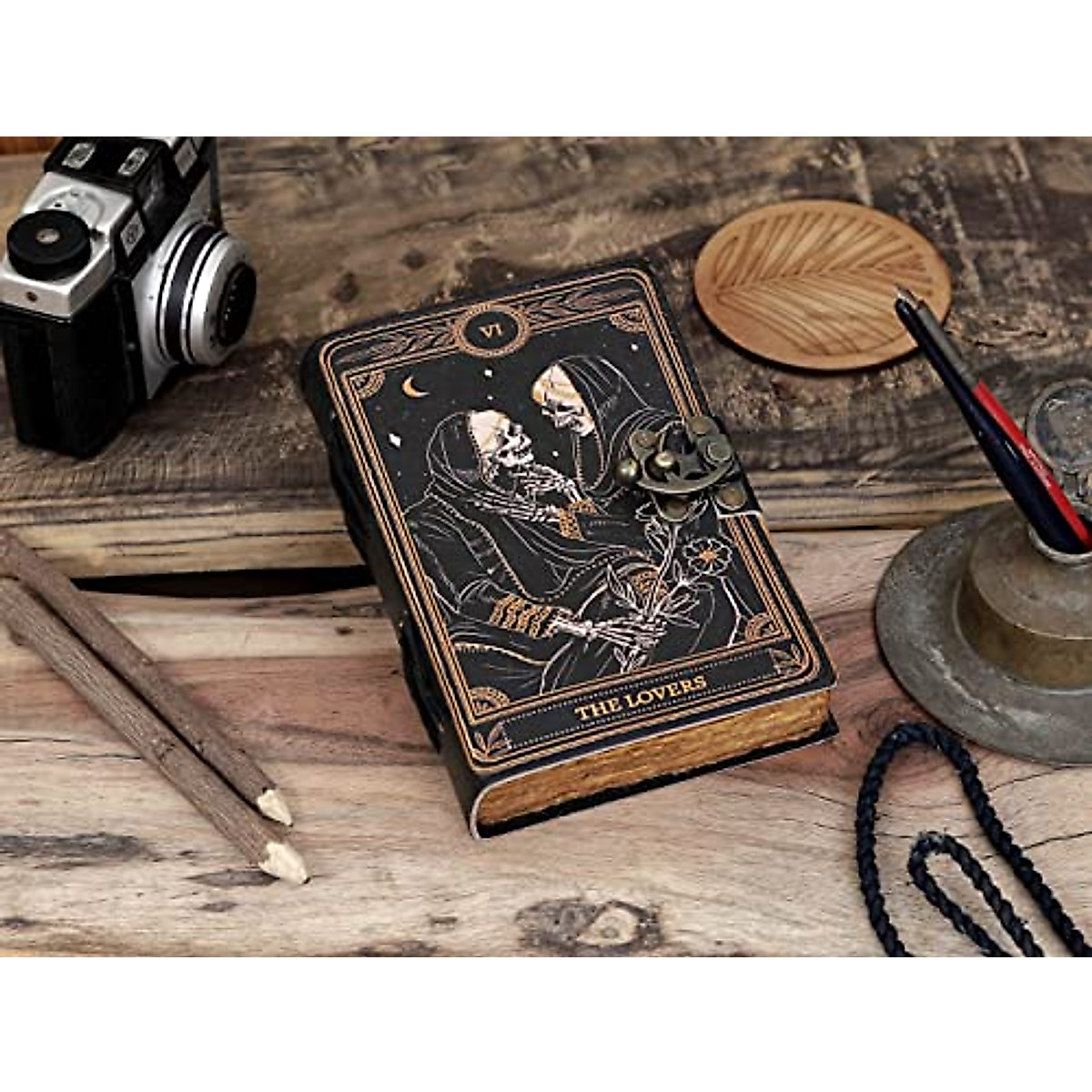 Book of Spells Leather Journal Deckle Edge Paper Grimoire Printed Journal The Lovers Tarot Notebook Spiral Gothic Notebook Skull lover Antique Vintage Leather Journals for Men and Women