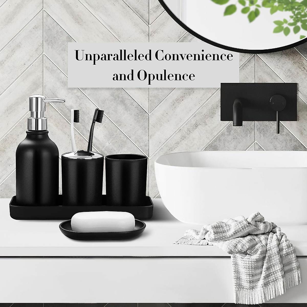 GMITING Black Bathroom Accessories Set, 10 Pcs Bathroom Accessory Set with Trash Can, Soap Dispenser and Toothbrush Holder, Soap Dish, Cotton Ball & Qtip Holder, Toilet Brush Holder, Tissue Box Cover