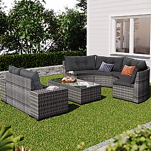 Merax 8-pieces Outdoor Wicker Round Sectional Curved Sofa Set with Rectangular Coffee Table, PE Rattan Water-resistant and UV Protected, Movable Cushion, Half-Moon Style, Grey