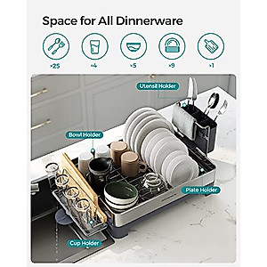 SONGMICS Dish Drying Rack, Stainless Steel Dish Racks for Kitchen Counter, Dish drainers with 360° Rotatable Spout, Removable Drainboard, Fingerprint-Proof, Silver and Gray UKCS030E01