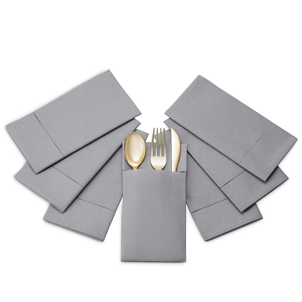 50-Pack Disposable Linen-Feel Dinner Napkins with Built-in Flatware Pocket, GRAY Prefolded Cloth Like Paper Napkins For Dinner, Wedding Or Party [Silverware NOT Included]