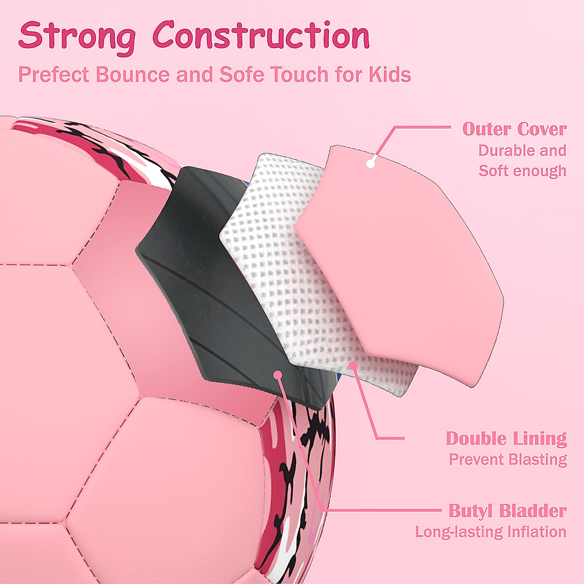 PP PICADOR Soccer Ball Size 4, Kids Soccer Balls for Youth Girls Boys Child Teen Age 4-8 8-12 Outdoor Training Gift with Pump(Camouflage Pink)