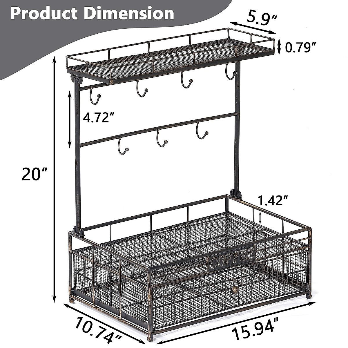 Aifeorzo Coffee Mug Holder, 2 Tier Industrial Countertop Mug Display Rack, 7 Mugs Coffee Cup Stand with Coffee Pod Drawer, Large Metal Cup Tree Holder Stand for Coffee Bar Kitchen, Black