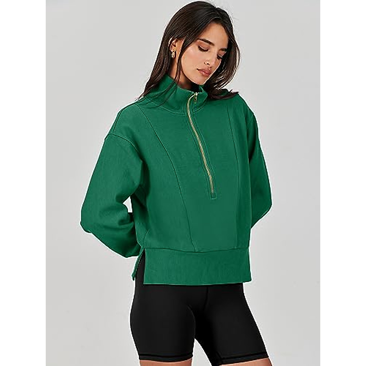 Caracilia Womens Cropped Sweatshirts Quarter Zip Pullover Half Zip Hoodies Long Sleeve Fleece 2023 Fall Casual Ribbed Knit Outfits Sweater Preppy Clothes C105A0-caolv-M Green
