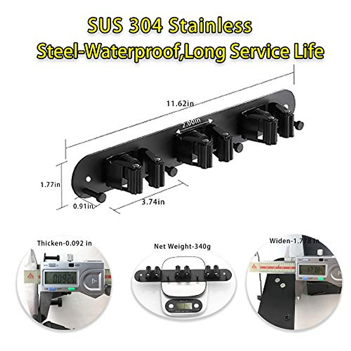 Ascotahoo Bathroom Organizer Broom Mop Holder,mop and Broom Rack Wall Mount with Stainless Steel 3 Racks 4 Hooks for Kitchen Bathroom Office Closet Garden, Black Color