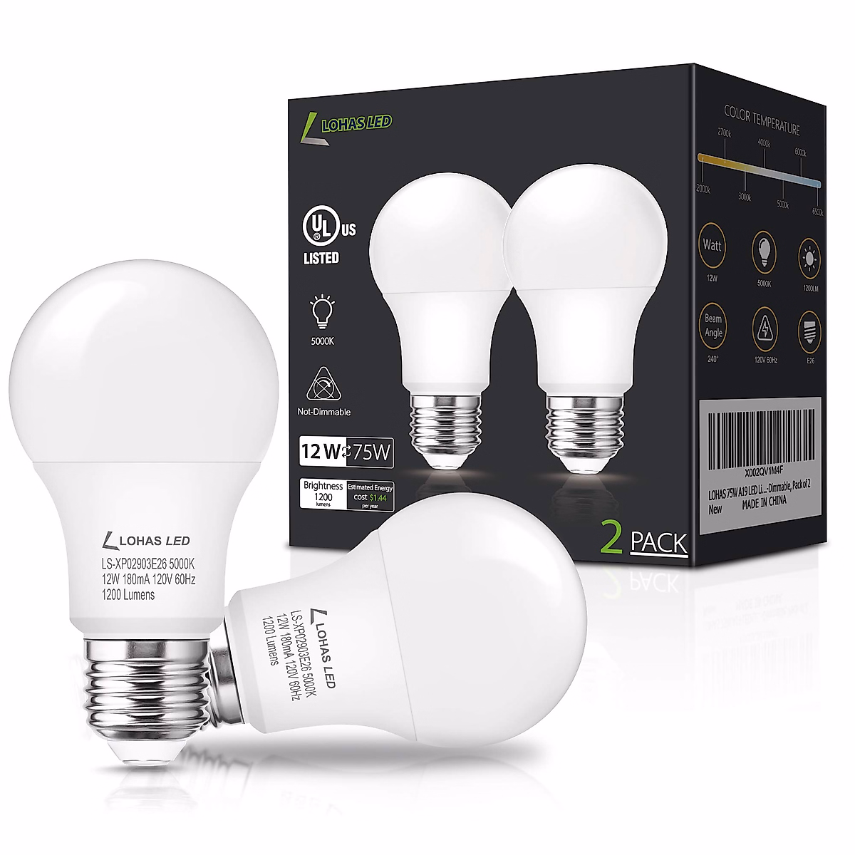 LOHAS A19 LED Light Bulbs 75W Equivalent, 12W LED Light Bulb Daylight White 5000K, 1200LM Bright Light Bulb, Energy Efficient LED Light Bulb, E26 Base LED Light Bulb, UL Listed, Non-dimmable, 2 Pack