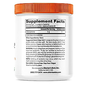 Doctor's Best Pure L-Glutamine Powder, Supports Muscle Mass, Strength & Post-Workout Recovery, Amino Acid, 300g