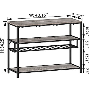 LVB Rustic Wine Rack Table, Metal and Wood Wine Cabinet Coffee Bar Cabinet, Freestanding Floor Liquor Bar Table with Glass Holder and Wine Storage, Light Grey Oak
