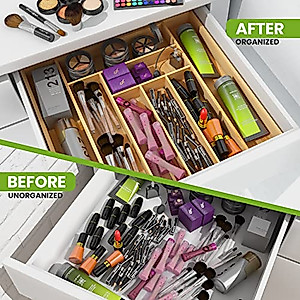 Bamboo Organizer 2 Piece Set – 8 and 5 Compartment Expandable Makeup Drawer - Drawer Dividers Organizer - Adjustable Drawer Holder for Kitchen, Silverware, Flatware, Living Room and Utensils (Natural)