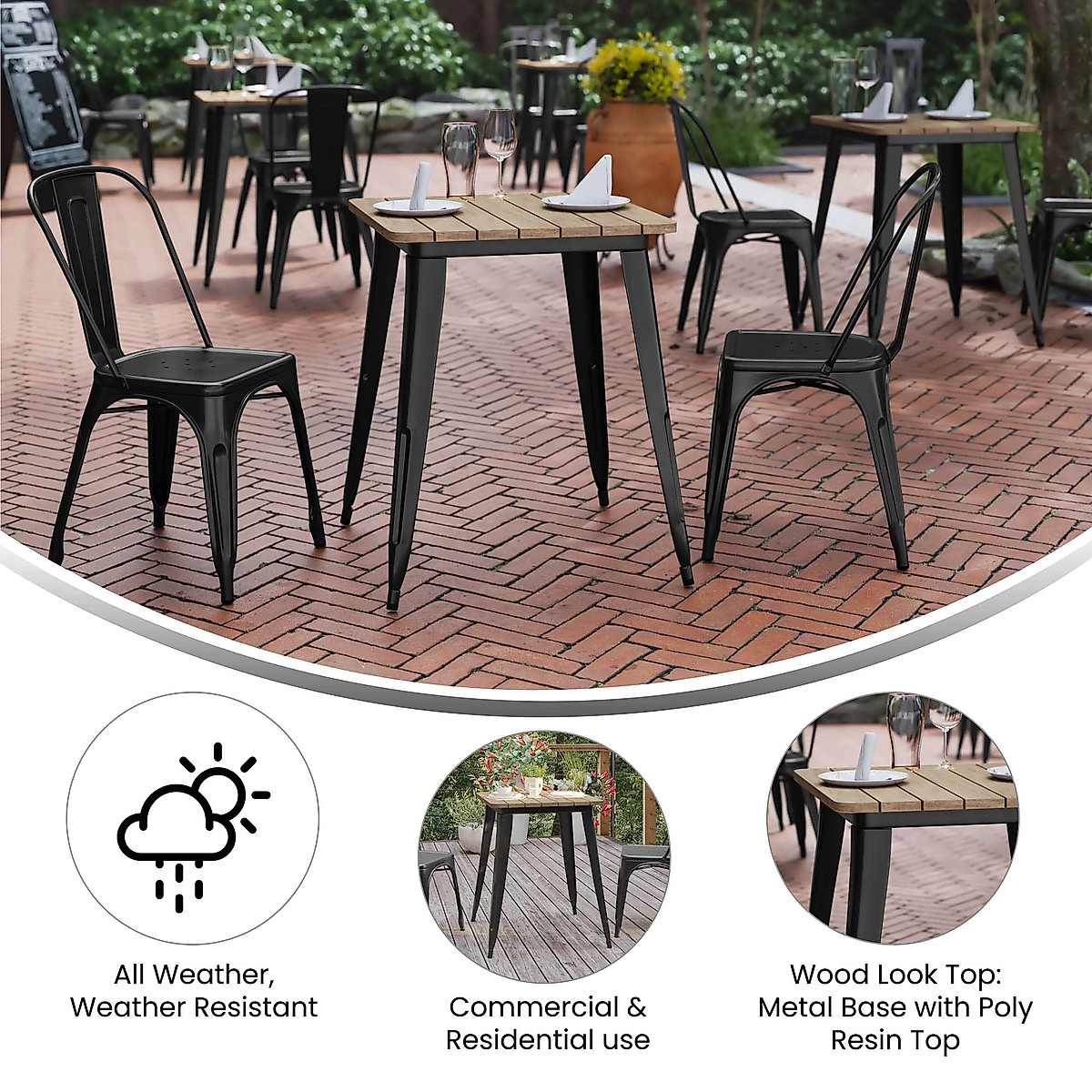 Flash Furniture Declan Commercial Outdoor Dining Table, All Weather Poly Resin Top with Steel Base, 23.75" Square, Brown/Black