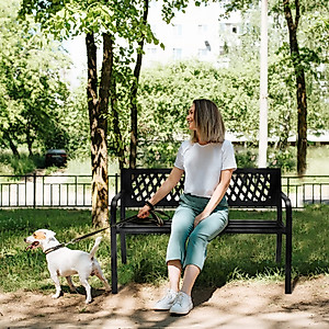 VINGLI Outdoor Bench Porch Bench Patio Metal Garden Bench w/PVC Back, Steel Black Outdoor Bench Park Bench for Yard Lawn Decor Deck Entryway