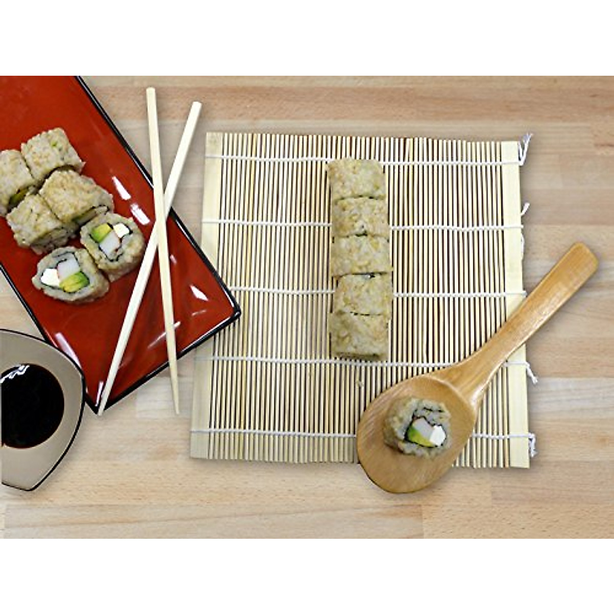 IMUSA USA 3pc Bamboo Complete Sushi Set (Rolling Mat, Chopsticks & Paddle) Kitchen Utensils, Multisizes, Brown
