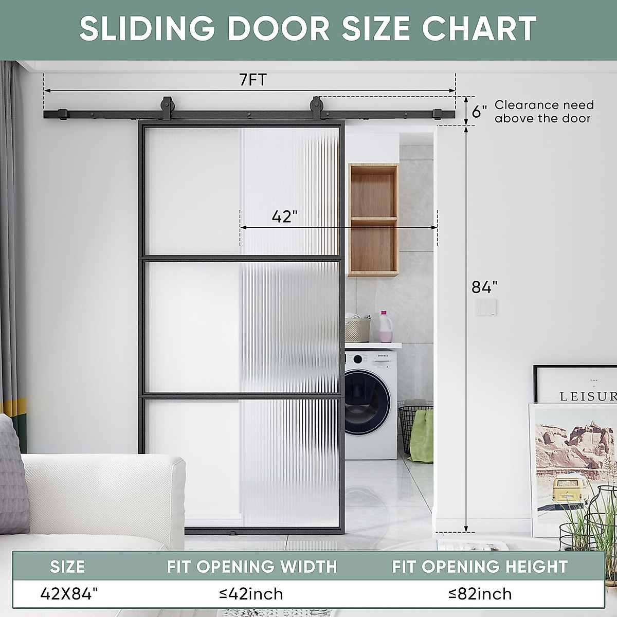 JUBEST Glass Barn Door 42in x 84in, Reeded Glass Carbon Steel Pre-Drilled Frame Sliding Barn Door Panel with 7FT Hardware Kit and Soft Close