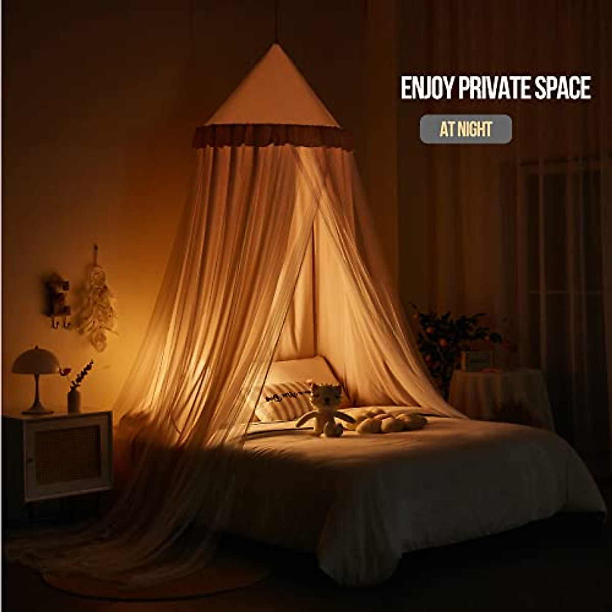 Kertnic Bed Canopy for Kids Room Double Layer Mosquito Net, Hanging Play Tent Children Reading Nook Canopies, Round Dome Princess Castle Dreamy Bedding for Girls Room House Décor (Beige Pink)