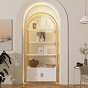 Jehiatek Gold Bookshelf, Arched Bookcase with Doors Storage, 71" Tall Industrial Book Shelf with Sturdy Metal Frame, E1 Quality Boards, Freestanding Display Shelving Unit, White and Gold