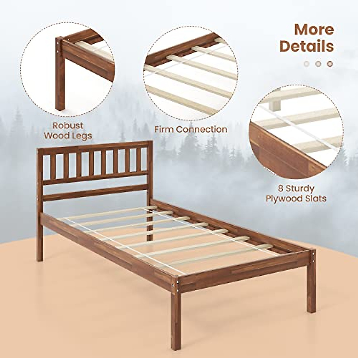 Giantex Wood Twin Bed Frame with Headboard, Mid Century Platform Bed with Wood Slat Support, Solid Wood Foundation, 12 Inch Height for Under Bed Storage, Easy Assemble, Walnut