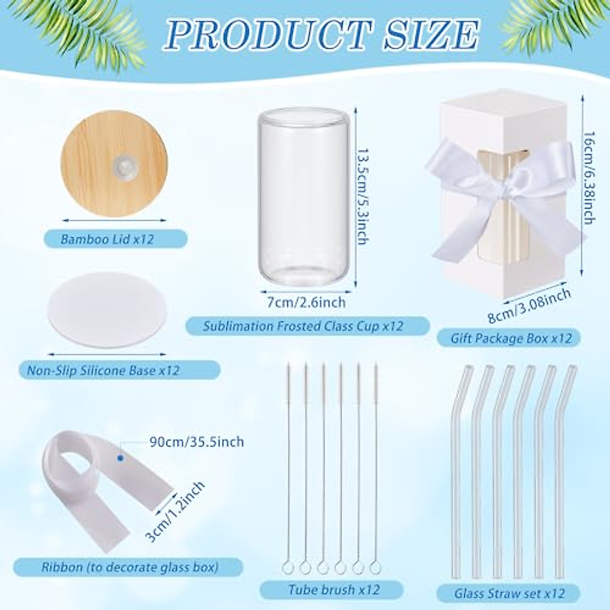Tioncy 12 Pieces 12 oz Sublimation Glass Blanks Frosted Sublimation Cups with Bamboo Lids and Straws Clear Beer Can Jars with 12 Gift Boxes for Gifts Coffee Juices DIY