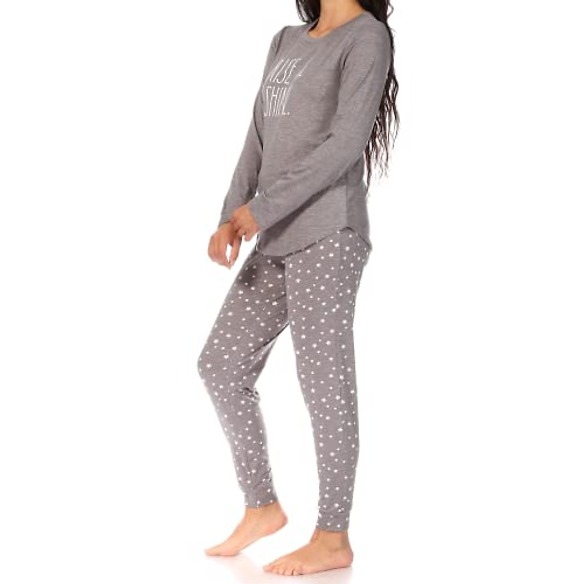 Rae Dunn Women's RISE & SHINE Long Sleeve Top and Drawstring Joggers Pajama Set, Gray Stars, Medium