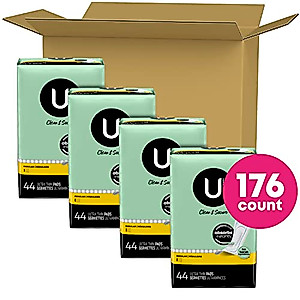 U by Kotex Clean & Secure Ultra Thin Pads, Regular Absorbency, 176 Count (4 Packs of 44) (Packaging May Vary)